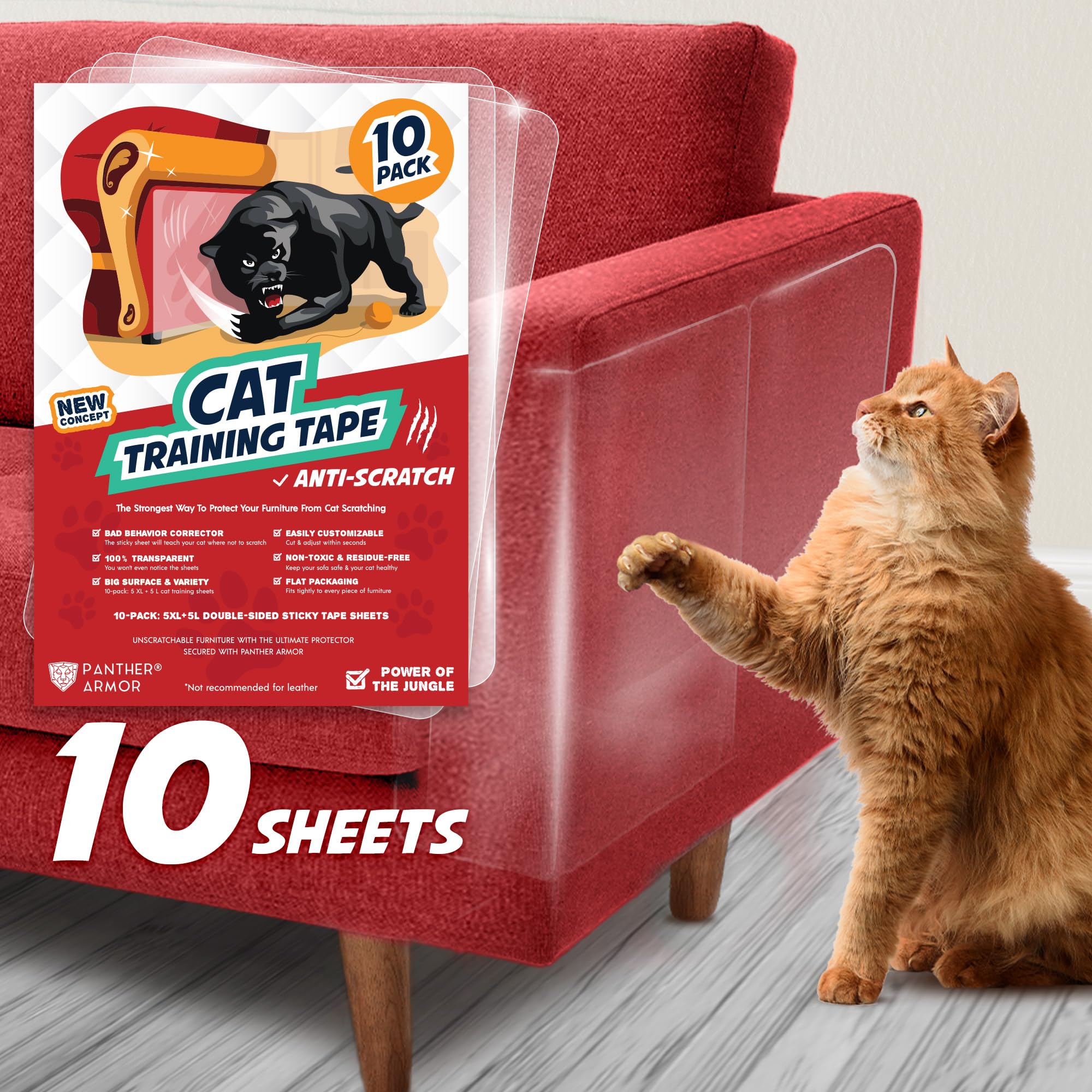 Panther Armor Cat Scratch Furniture Protector – Double Sided Anti Cats Scratching Sticky Tape – 10 Sheets, 5-Pack XL 16" L 12" W + 5-Pack Large 17" L 10" W Furniture Protectors – Clear Training Tape