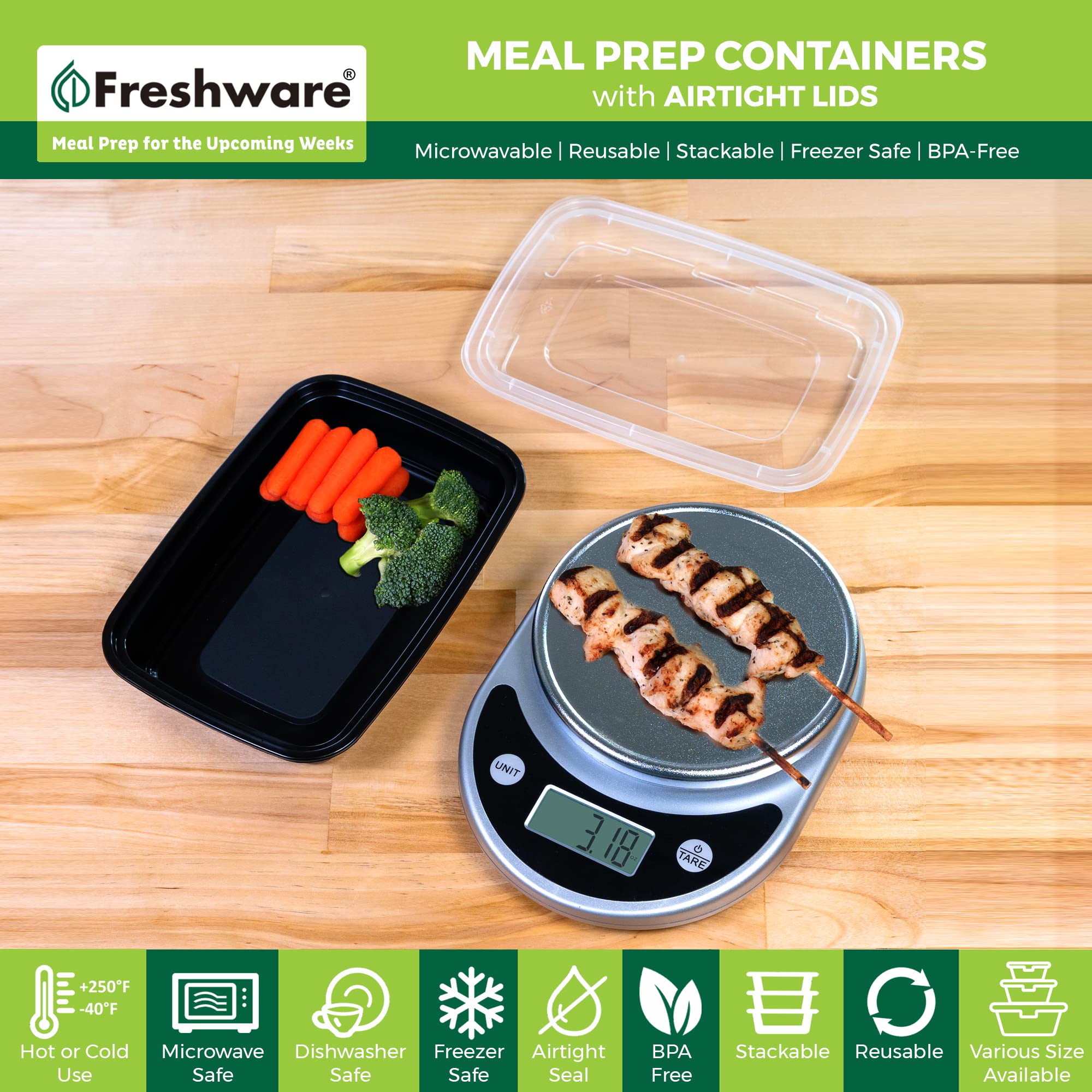 Freshware Meal Prep Containers [50 Pack] 1 Compartment Food Storage Containers with Lids, Bento Box, BPA Free, Stackable, Microwave/Dishwasher/Freezer Safe (28 oz)