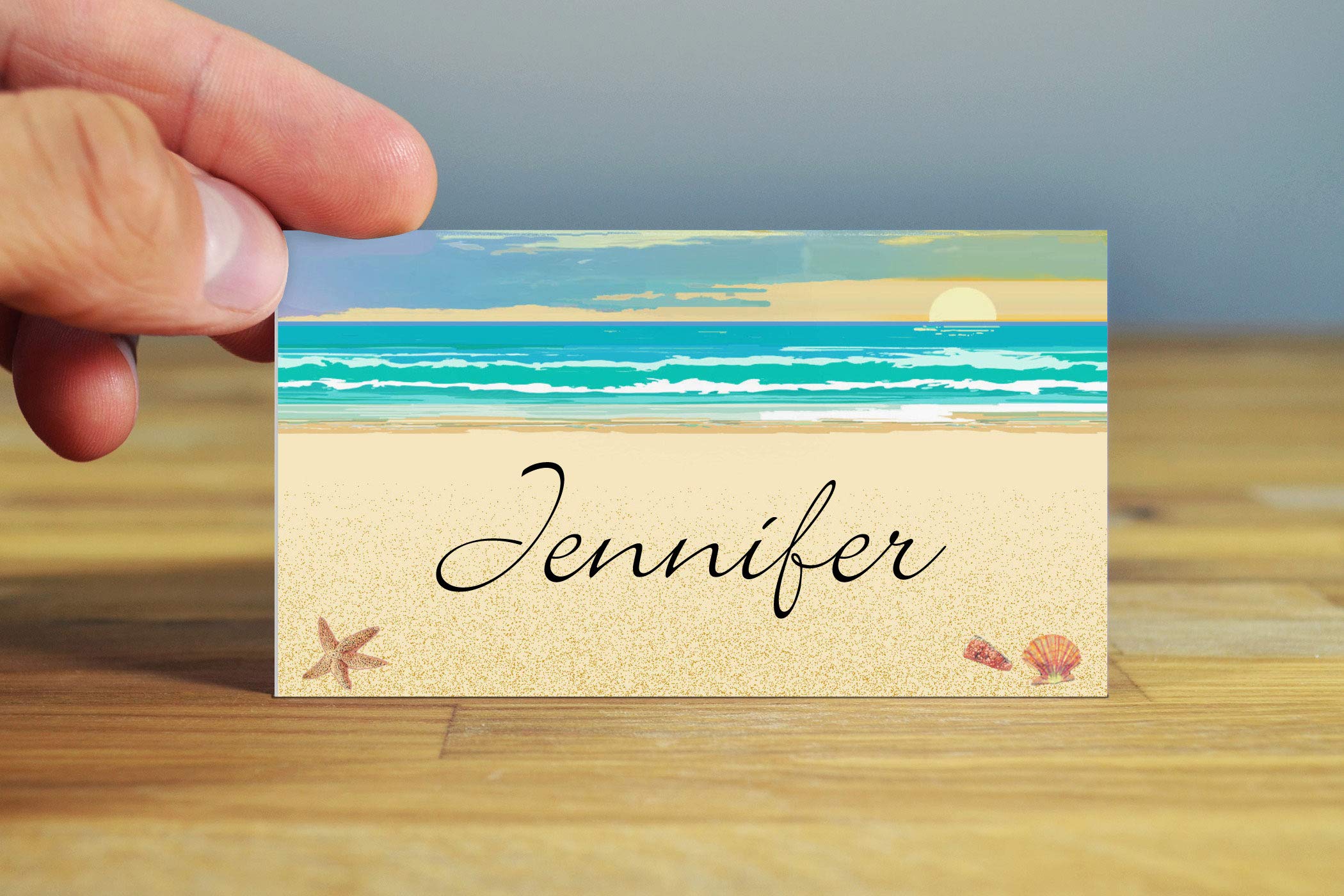 Stonehouse Collection Beach Name Place Cards - 25 Guest Seating Name Cards - Beach & Tropical Table Tents - Wedding Seating, Party Name Cards (Beach)