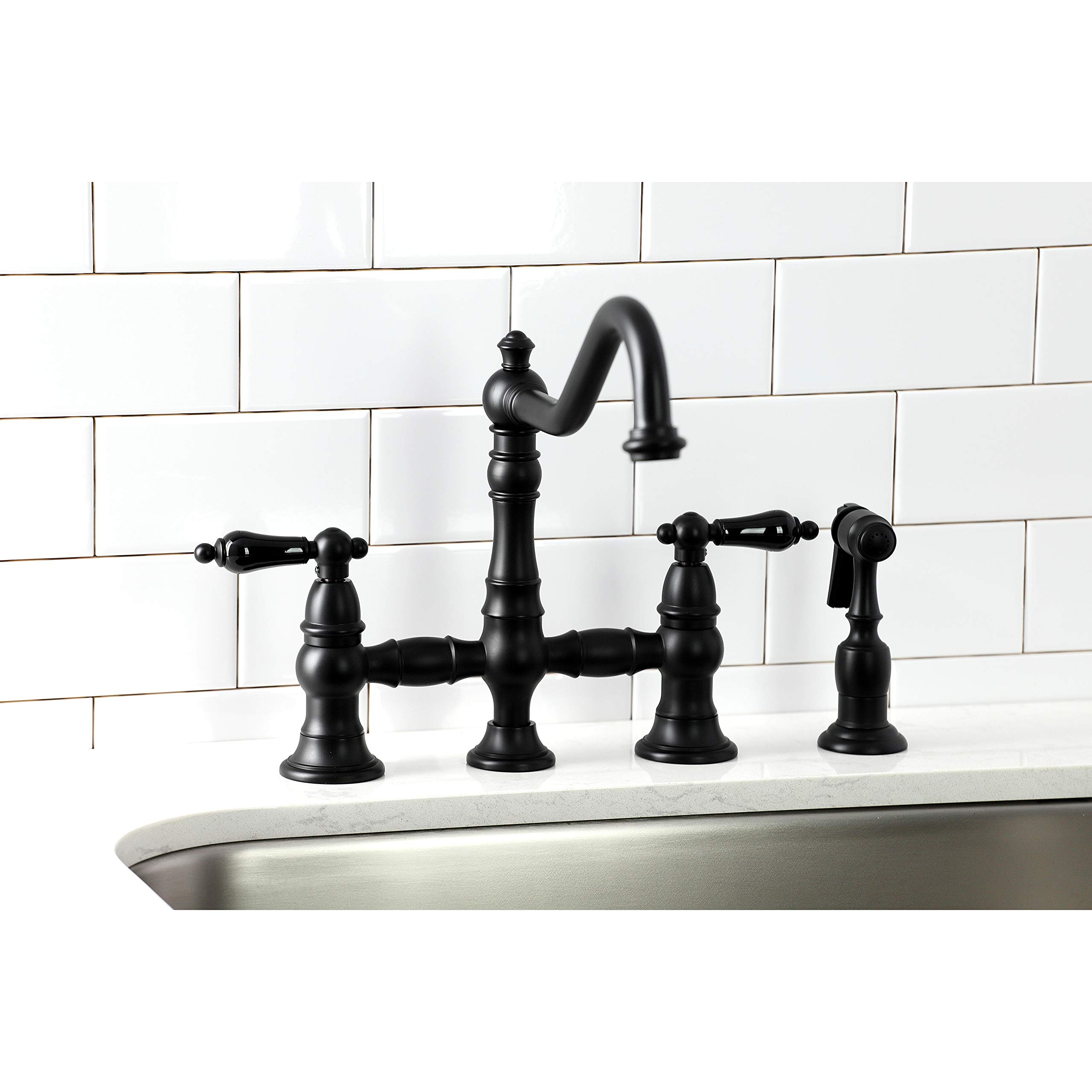 Kingston Brass KS3270PKLBS Duchess Bridge Kitchen Faucet, Matte Black