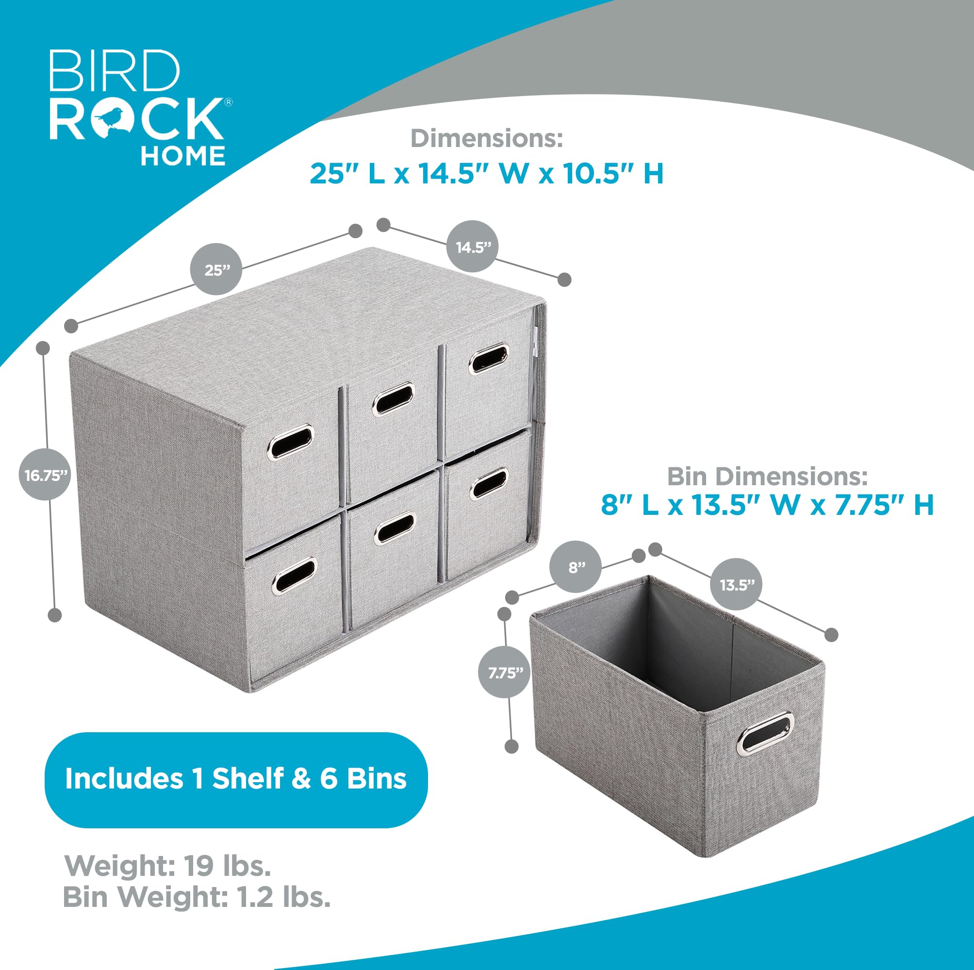 BIRDROCK HOME Linen Cube Organizer Shelf w/ 6 Storage Fabric Bins - Foldable & Durable - Toys, Clothes, Towels - Collapsible Cubby for Kids Room, Dorm, Closet, Bedroom - Large Shelving Cubbies - Grey