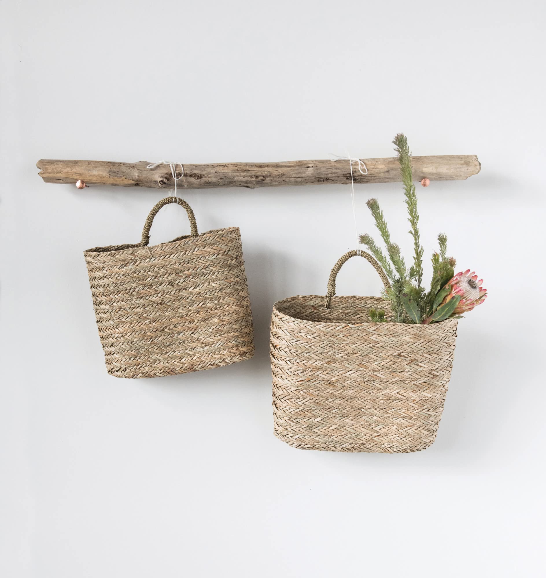 Creative Co-Op Handwoven Seagrass Wall Mount Baskets with Handles, Set of 2 Sizes, Natural