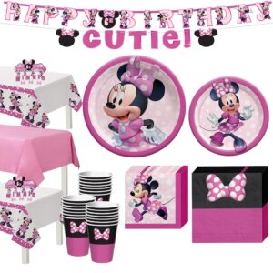 minnie mouse forever birthday party supplies, serves 24 - dessert & lunch paper plates, beverage & lunch napkins, paper cups, tablecloth, & banner - disney birthday decorations kit for boys & girls