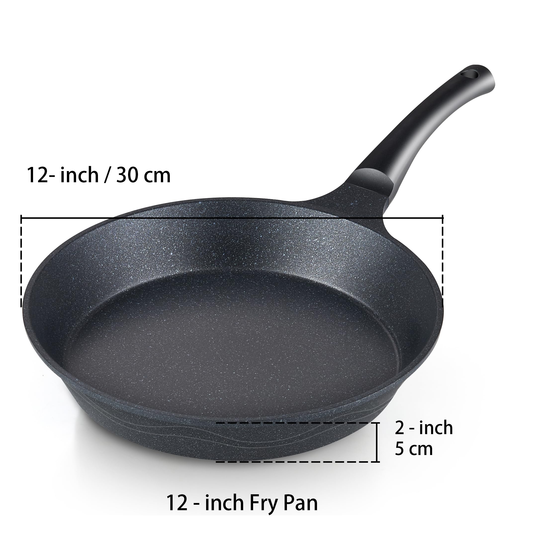 Cook N Home Marble Nonstick Cookware Saute, 12" Fry Pan with Lid, Black