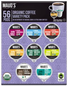 maud's organic coffee pods variety pack, 56 ct | 8 assorted coffee flavors | 100% organic arabica roasted coffee | solar energy produced recyclable pods compatible with keurig k cups maker