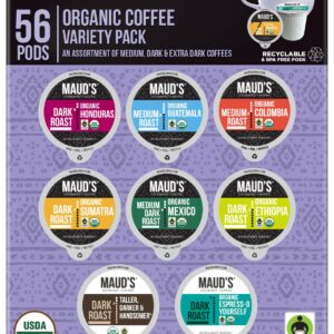 Maud's Organic Coffee Pods Variety Pack, 56 ct | 8 Assorted Coffee Flavors | 100% Organic Arabica Roasted Coffee | Solar Energy Produced Recyclable Pods Compatible with Keurig K Cups Maker