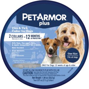 petarmor plus flea & tick collar for dogs, kills fleas & ticks, long lasting protection for 12 months, water resistant, one size fits all, 2 collars