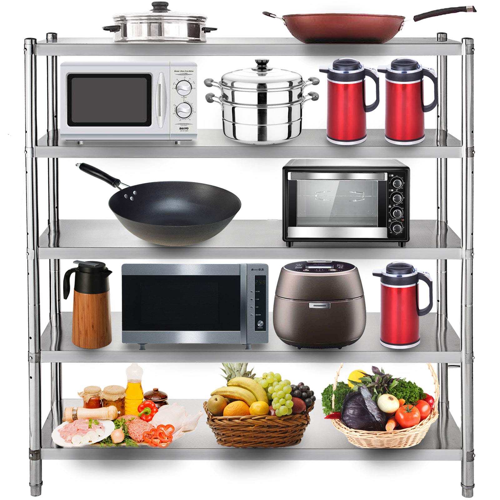 VBENLEM Stainless Steel Shelves 48x18.5 Inch 5 Tier Adjustable Shelf Storage Unit Stainless Steel Rack Shelving Heavy Duty Shelving for Kitchen Commercial Office Garage Storage 330lb Per Shelf