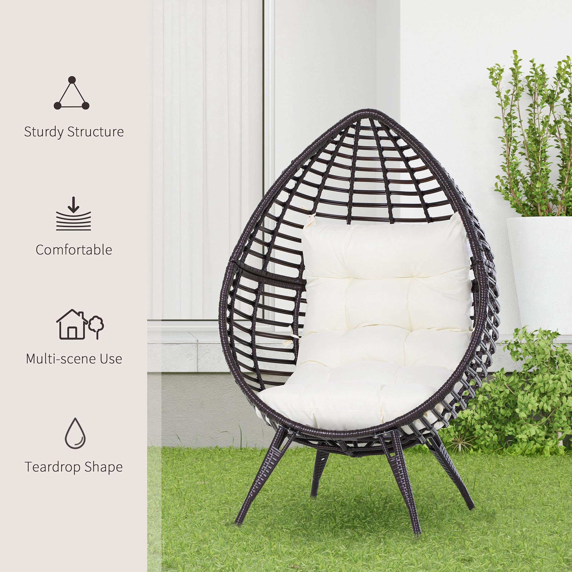 Outsunny Patio Wicker Egg Chair w/Soft Cushion, Teardrop Cuddle Seat, Outdoor/Indoor Patio Chair, PE Plastic Rattan Furniture with Adjustable Height Feet Pads, Beige