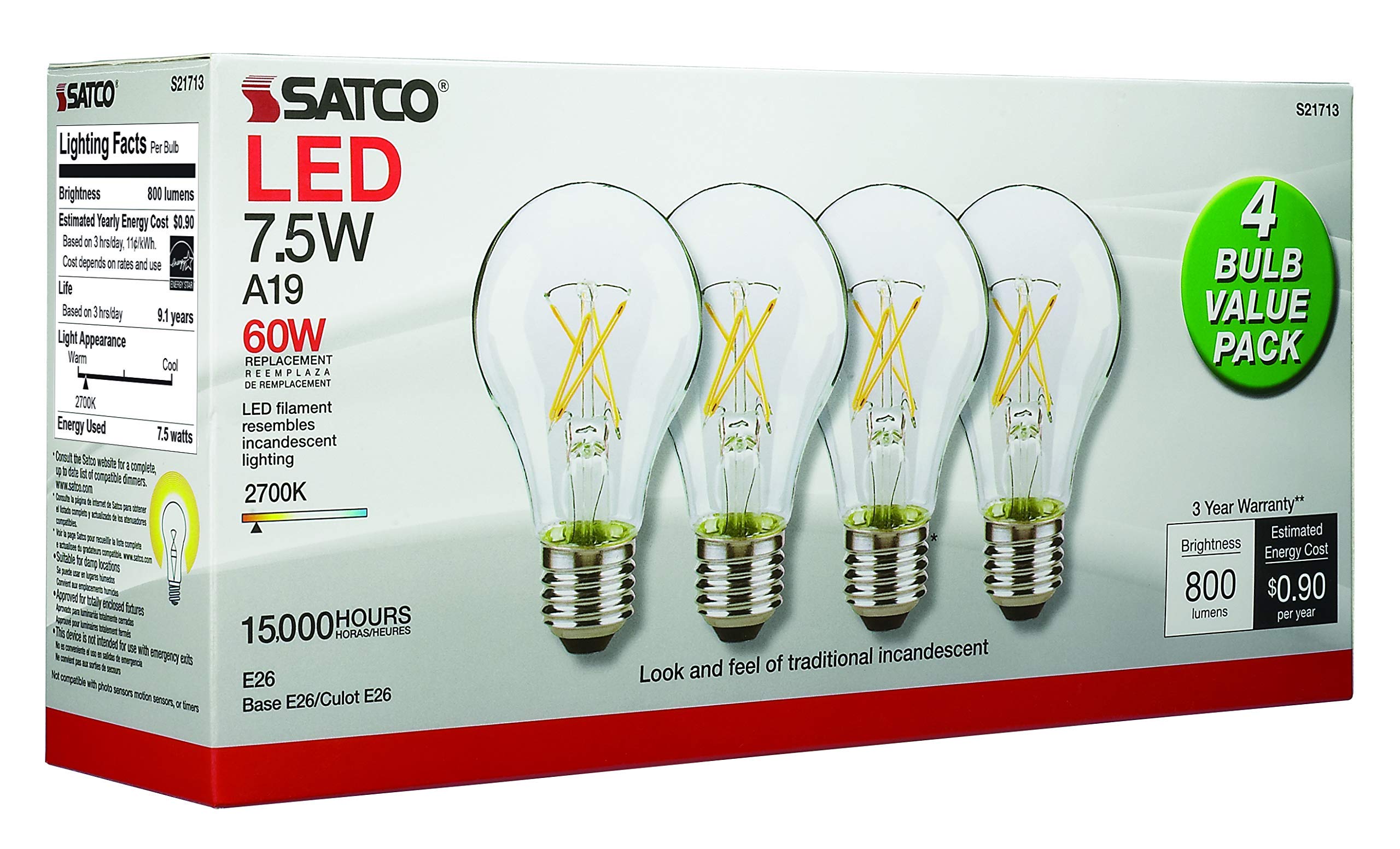 Satco S21713 7.5W; A19 LED; Clear; 2700K; Medium Base; 120V; 16 Bulbs