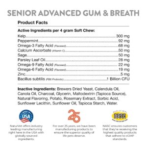 NaturVet Senior Advanced Gum & Breath Dog Supplement – Includes Peppermint, Parsley Leaf to Help Promote Periodontal Health, Fresh Breath for Dogs – 45 Ct. Soft Chews