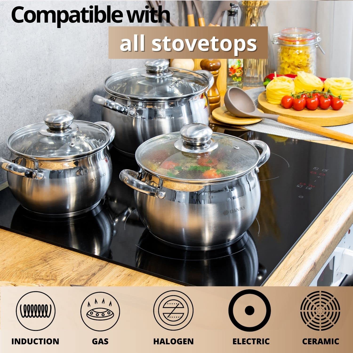 Daniks Classic Stainless Steel Stock Pot with Glass Lid | Induction 6 Quart | Dishwasher Safe Pot | Measuring Scale | Soup Pasta Stew Pot | Silver