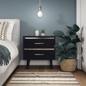 Adore Décor Lennox Mid-Century Side Table 2 Drawers Storage Nightstand, Matte Chrome Handle, Black