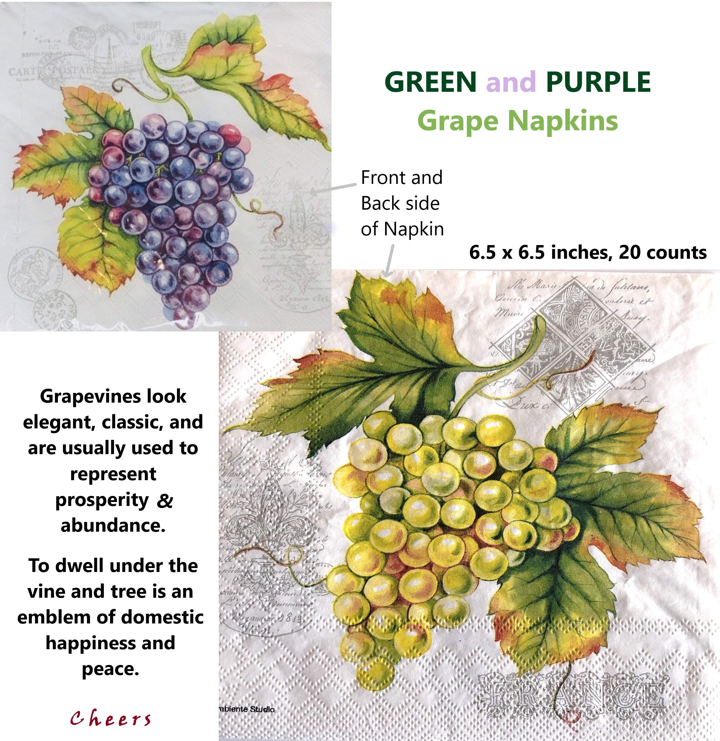 20-ct 13x13 Purple Grape Napkins Decoupage Napkins Luncheon Cocktail Paper Napkins Decorative Paper Napkins for Dessert Birthday Wedding Anniversary Dinner Napkins Paper for ALL Seasons Mom Dad Artist