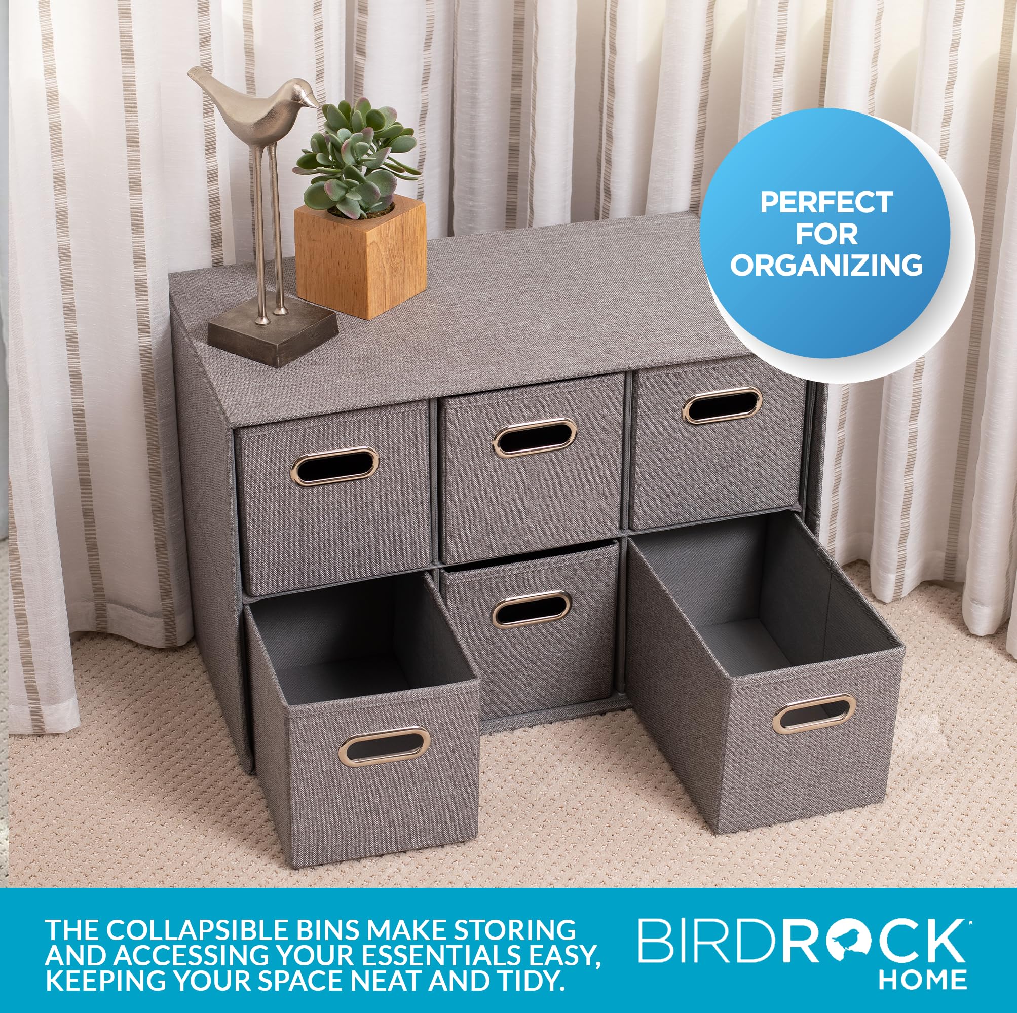 BIRDROCK HOME Linen Cube Organizer Shelf w/ 6 Storage Fabric Bins - Foldable & Durable - Toys, Clothes, Towels - Collapsible Cubby for Kids Room, Dorm, Closet, Bedroom - Large Shelving Cubbies - Grey