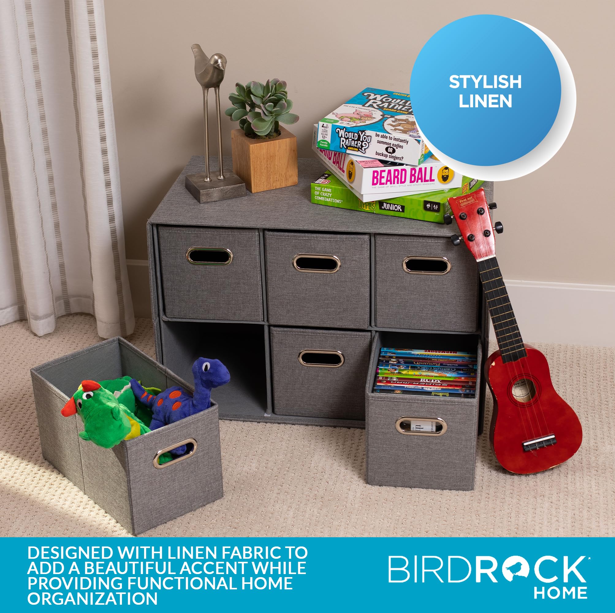 BIRDROCK HOME Linen Cube Organizer Shelf w/ 6 Storage Fabric Bins - Foldable & Durable - Toys, Clothes, Towels - Collapsible Cubby for Kids Room, Dorm, Closet, Bedroom - Large Shelving Cubbies - Grey