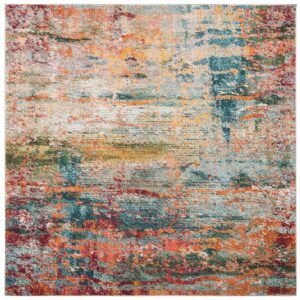 safavieh monaco collection 9' square tealorange mnc262m modern boho abstract non-shedding living room bedroom dining home office area rug