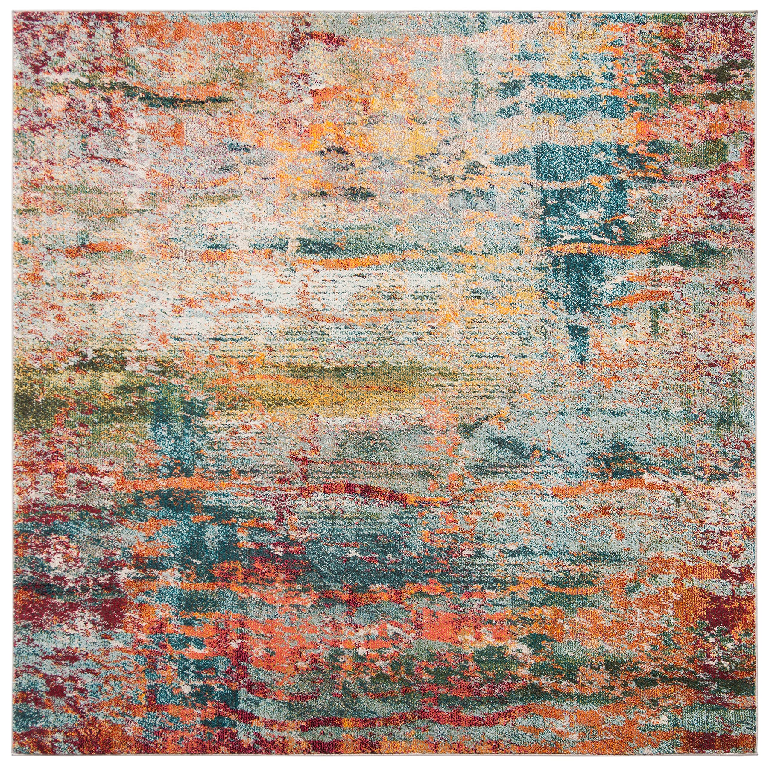 SAFAVIEH Monaco Collection 9' Square TealOrange MNC262M Modern Boho Abstract Non-Shedding Living Room Bedroom Dining Home Office Area Rug