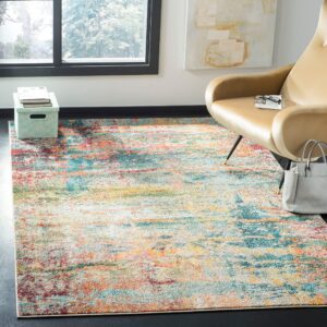 SAFAVIEH Monaco Collection 9' Square TealOrange MNC262M Modern Boho Abstract Non-Shedding Living Room Bedroom Dining Home Office Area Rug