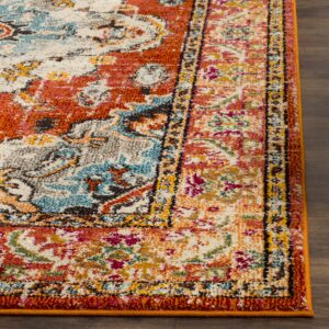 SAFAVIEH Monaco Collection 3' Square Orange / Light Blue MNC243H Boho Chic Medallion Distressed Non-Shedding Living Room Bedroom Accent Rug