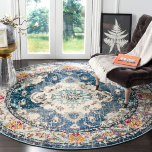 safavieh monaco collection area rug - 8' round, navy & light blue, boho chic medallion distressed design, non-shedding & easy care, ideal for high traffic areas in living room, bedroom (mnc243n)