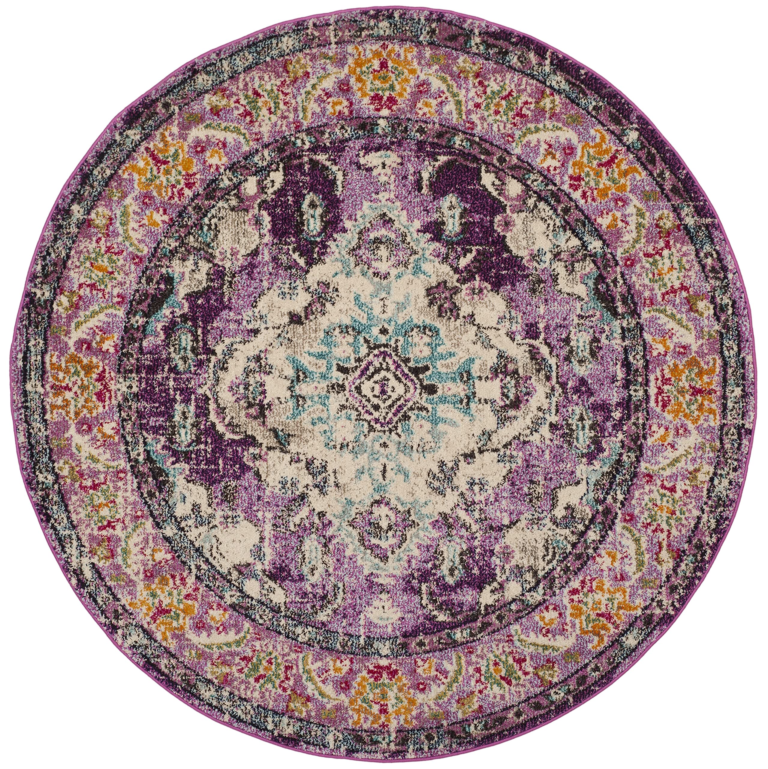 SAFAVIEH Monaco Collection Area Rug - 3' Round, Violet & Light Blue, Boho Chic Medallion Distressed Design, Non-Shedding & Easy Care, Ideal for High Traffic Areas in Living Room, Bedroom (MNC243L)