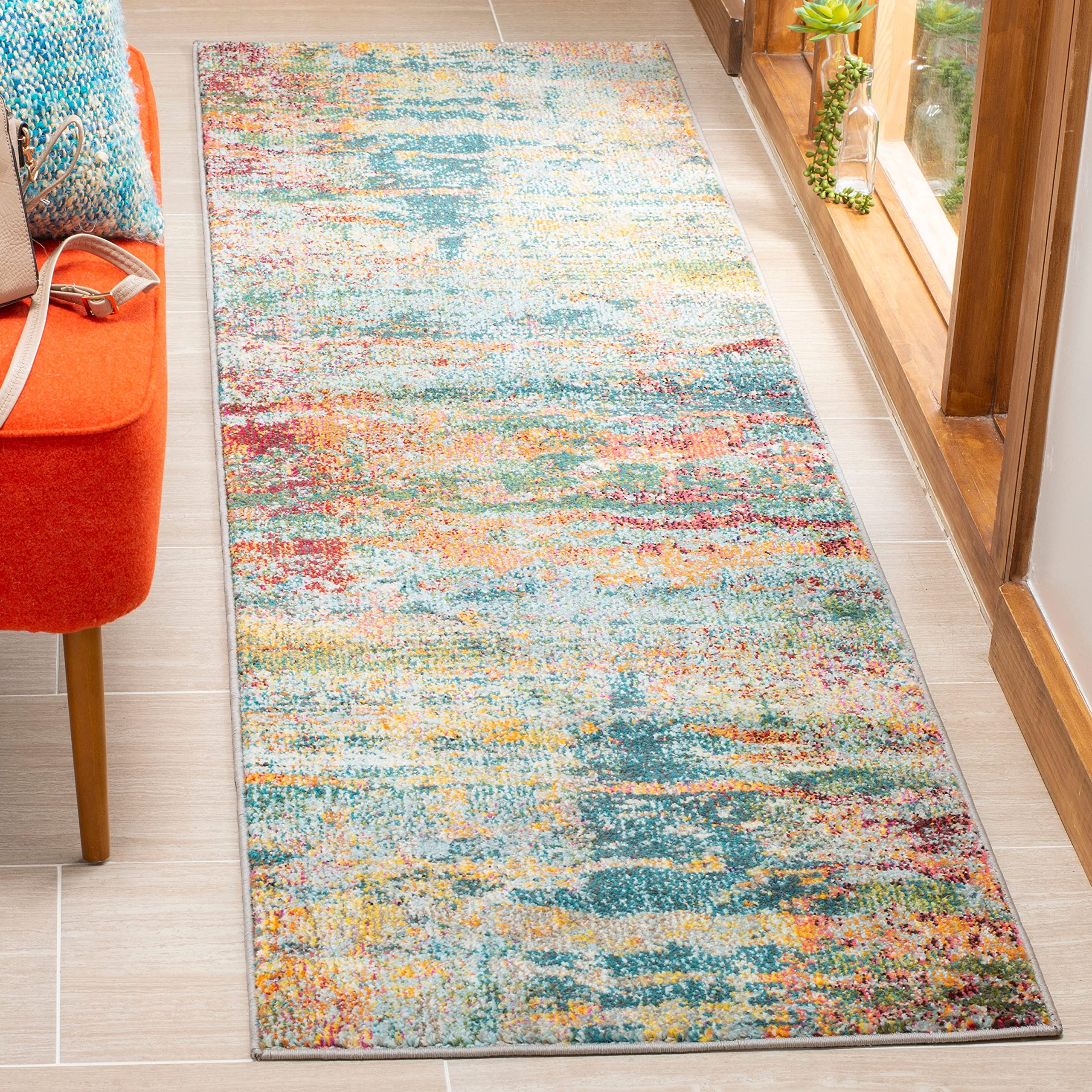 SAFAVIEH Monaco Collection 9' Square TealOrange MNC262M Modern Boho Abstract Non-Shedding Living Room Bedroom Dining Home Office Area Rug