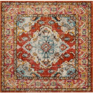 SAFAVIEH Monaco Collection 3' Square Orange / Light Blue MNC243H Boho Chic Medallion Distressed Non-Shedding Living Room Bedroom Accent Rug