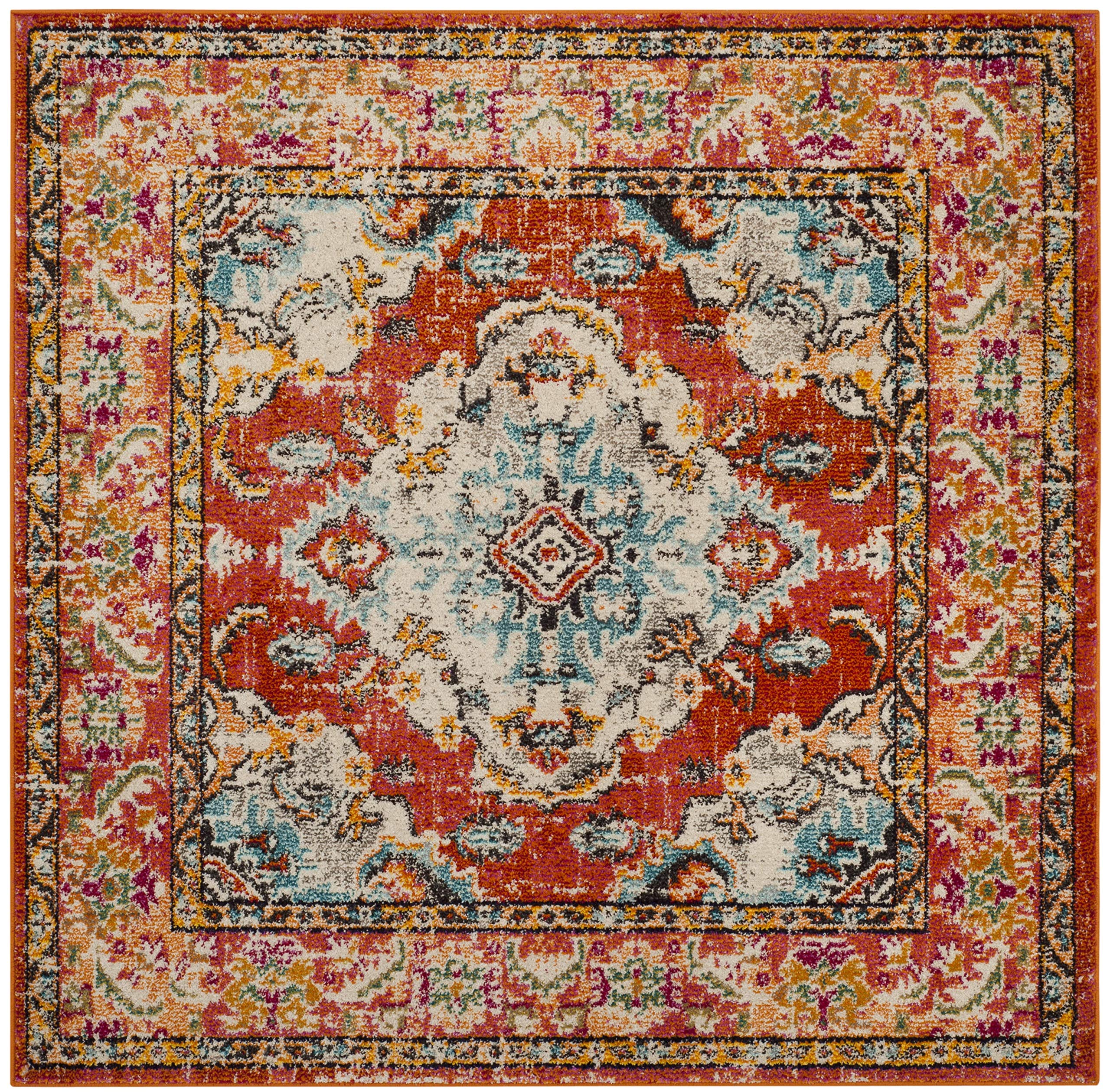 SAFAVIEH Monaco Collection 3' Square Orange / Light Blue MNC243H Boho Chic Medallion Distressed Non-Shedding Living Room Bedroom Accent Rug