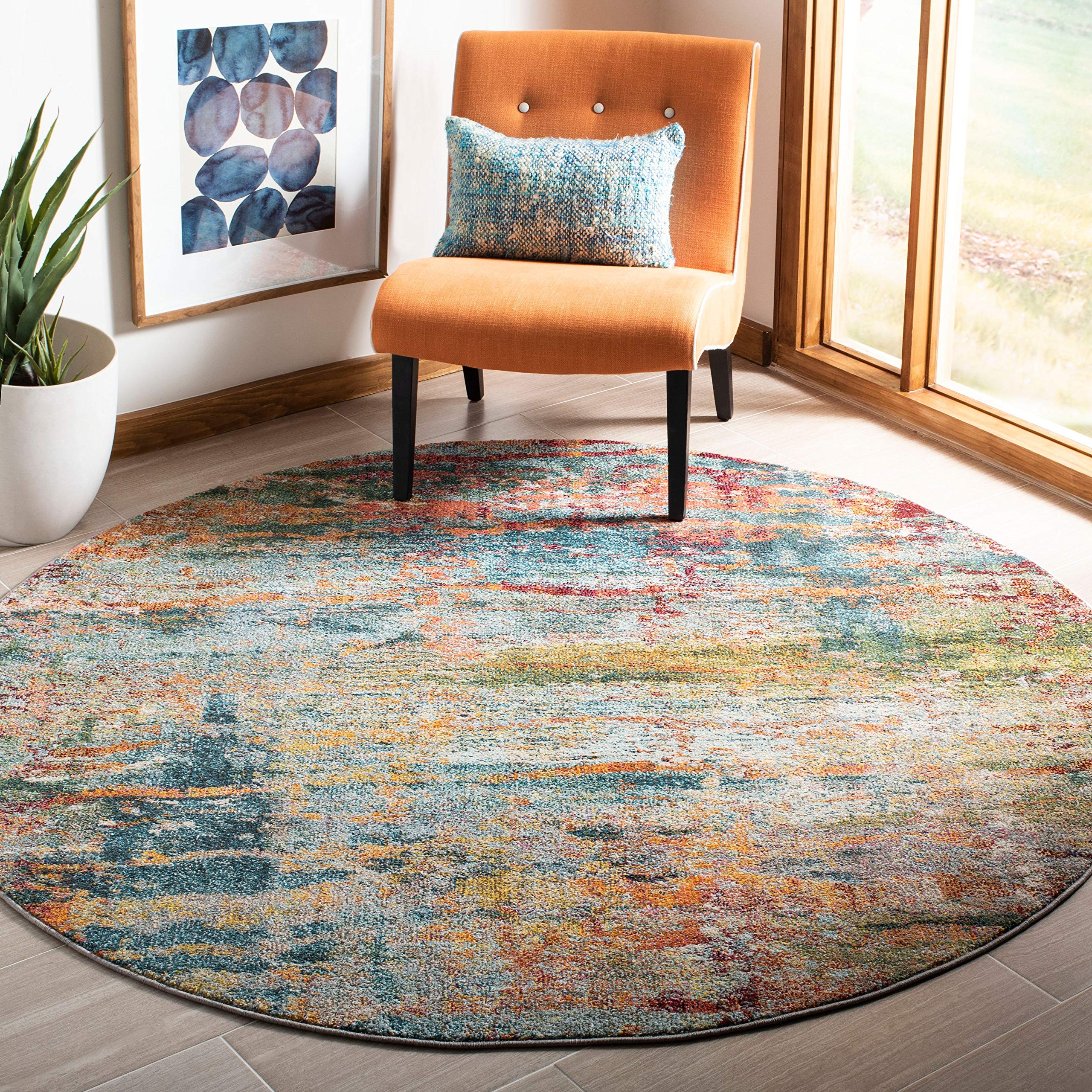 SAFAVIEH Monaco Collection 9' Square TealOrange MNC262M Modern Boho Abstract Non-Shedding Living Room Bedroom Dining Home Office Area Rug