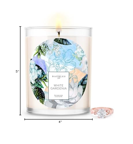 Kate Bissett Baubles White Gardenia Scented Premium Candle and Jewelry with Surprise Ring Inside | 18 oz Large Candle | Made in USA | Parrafin Free | Size 07