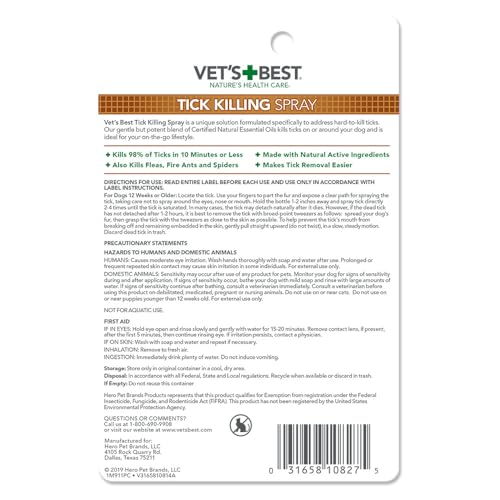 Vet's Best Tick Killing Spray | Tick Treatment Spray for Dogs | Plant-Based Formula | 1 Ounce