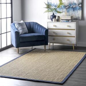 nuloom 8x10 elijah seagrass area rug, navy, solid farmhouse style, cotton bordered, basketweave, natural fiber, for bedroom, dining room, living room, hallway, office, kitchen, entryway