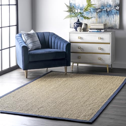 nuLOOM 8x10 Elijah Seagrass Area Rug, Navy, Solid Farmhouse Style, Cotton Bordered, Basketweave, Natural Fiber, For Bedroom, Dining Room, Living Room, Hallway, Office, Kitchen, Entryway