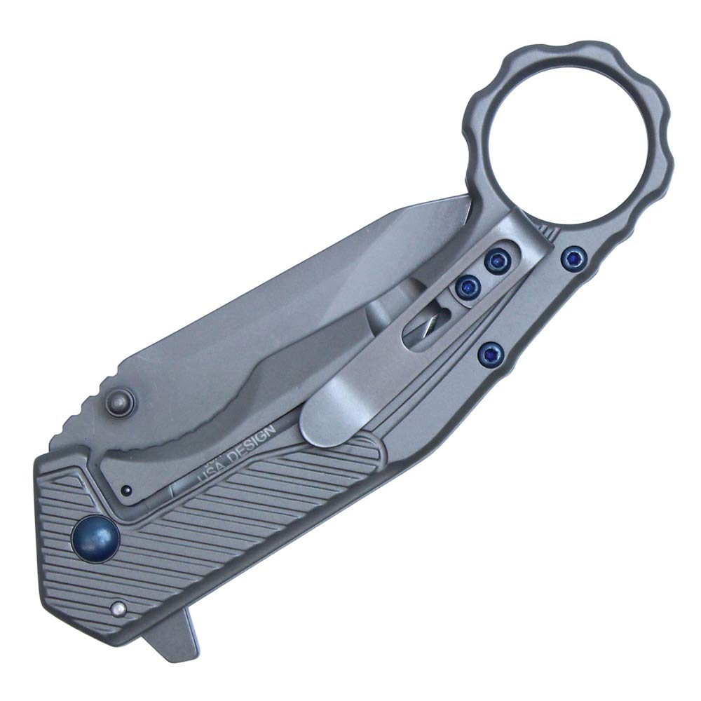 PWT334 7.25" Flip Open Karambit Stainless Steel Finger Hole Handle Pocket Knife (PWT334GY)