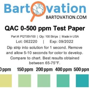 Five Pack Restaurant Quaternary Ammonium (QAC, Multi Quat) Sanitizer Test Paper, 0-500 ppm [5 Vials of 100 Paper Strips]