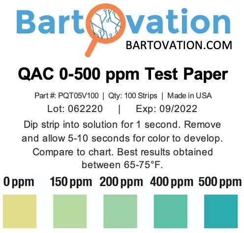 Five Pack Restaurant Quaternary Ammonium (QAC, Multi Quat) Sanitizer Test Paper, 0-500 ppm [5 Vials of 100 Paper Strips]