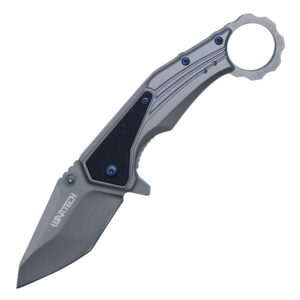 pwt334 7.25" flip open karambit stainless steel finger hole handle pocket knife (pwt334gy)