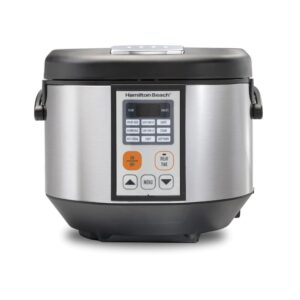 hamilton beach digital programmable rice and slow cooker & food steamer, 20 cups cooked (10 cups uncooked), 12 pre-programmed settings for sauté, hot cereal, soup, nonstick pot, stainless steel (37523)