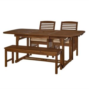 walker edison maui modern 4 piece solid acacia wood outdoor dining set, set of 4, dark brown