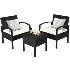 Tangkula 3 Piece Patio Conversation Set, Outdoor Rattan Sofa Set with White Seat Cushions & Coffee Table, Patio Wicker Furniture Set for Garden Balcony Backyard Poolside (Black)