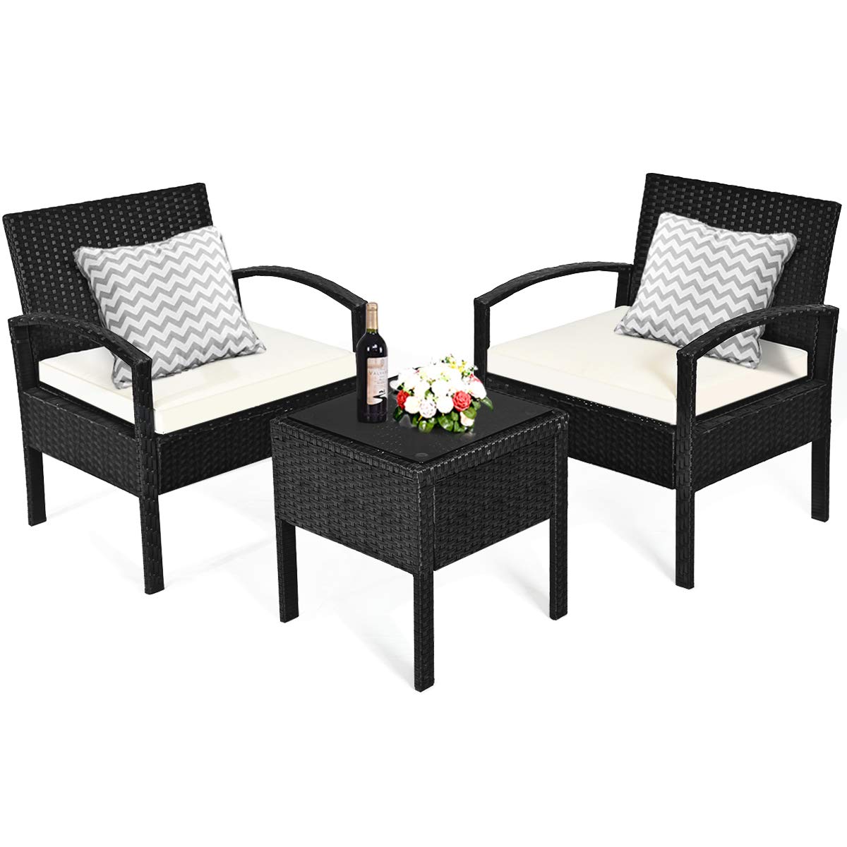 Tangkula 3 Piece Patio Conversation Set, Outdoor Rattan Sofa Set with White Seat Cushions & Coffee Table, Patio Wicker Furniture Set for Garden Balcony Backyard Poolside (Black)