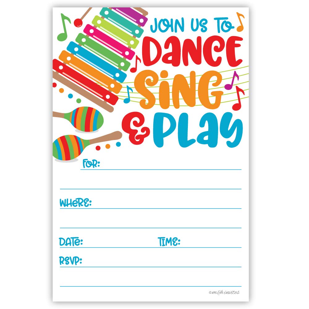 Kids Music Invitations (20 Count) With Envelopes - Musical Instruments Birthday Party Invites