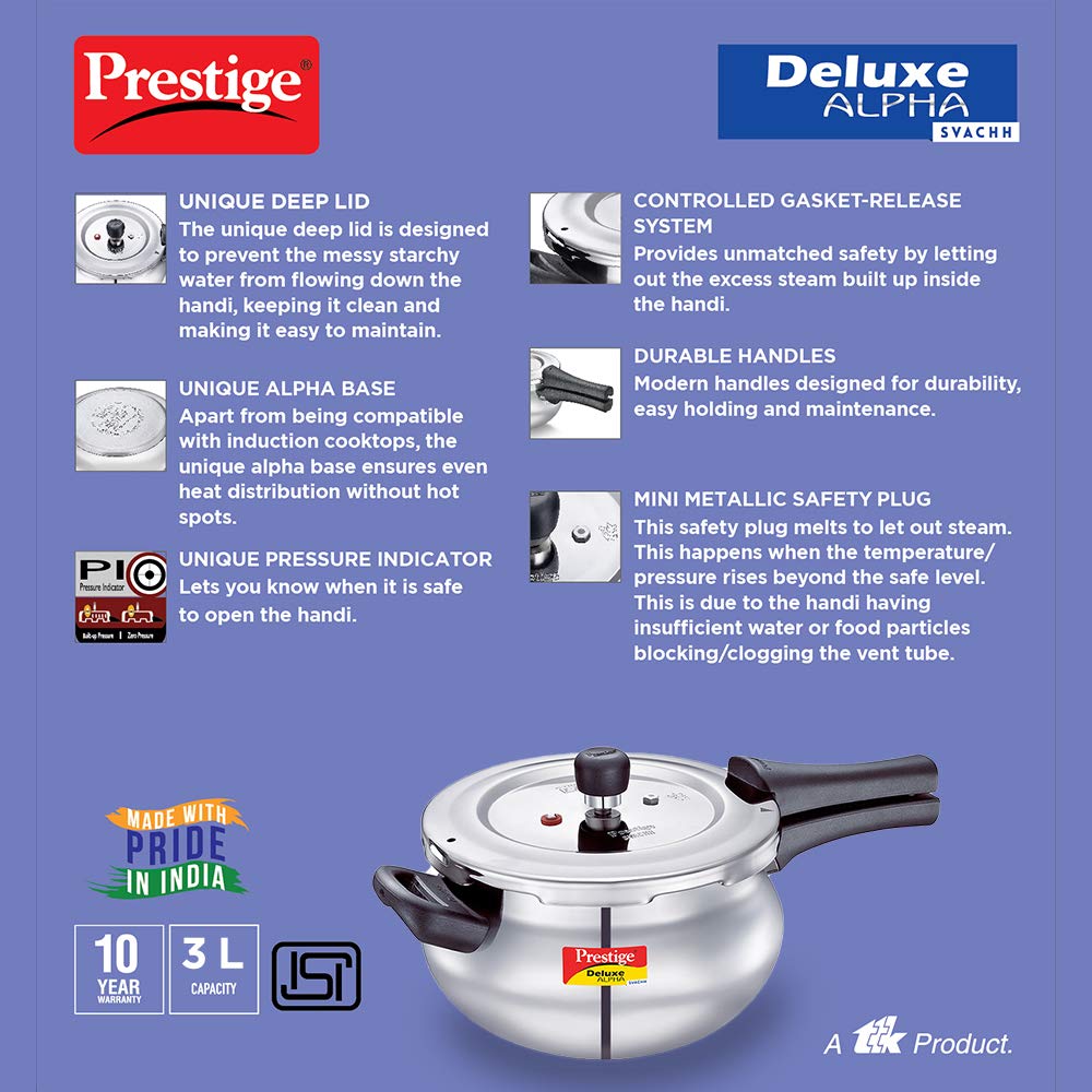 Prestige Deluxe Svachh Stainless Steel Pressure Cooker with Alpha Base and Deep Lid for Spillage Control, (3.0L Mini Handi), SILVER