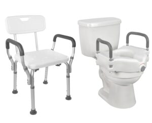 vaunn shower chair bath seat with padded arms, removable back and adjustable legs and vaunn raised toilet seat and elevated commode booster seat riser bundle