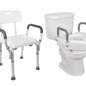 Vaunn Shower Chair Bath Seat with Padded Arms, Removable Back and Adjustable Legs and Vaunn Raised Toilet Seat and Elevated Commode Booster Seat Riser Bundle