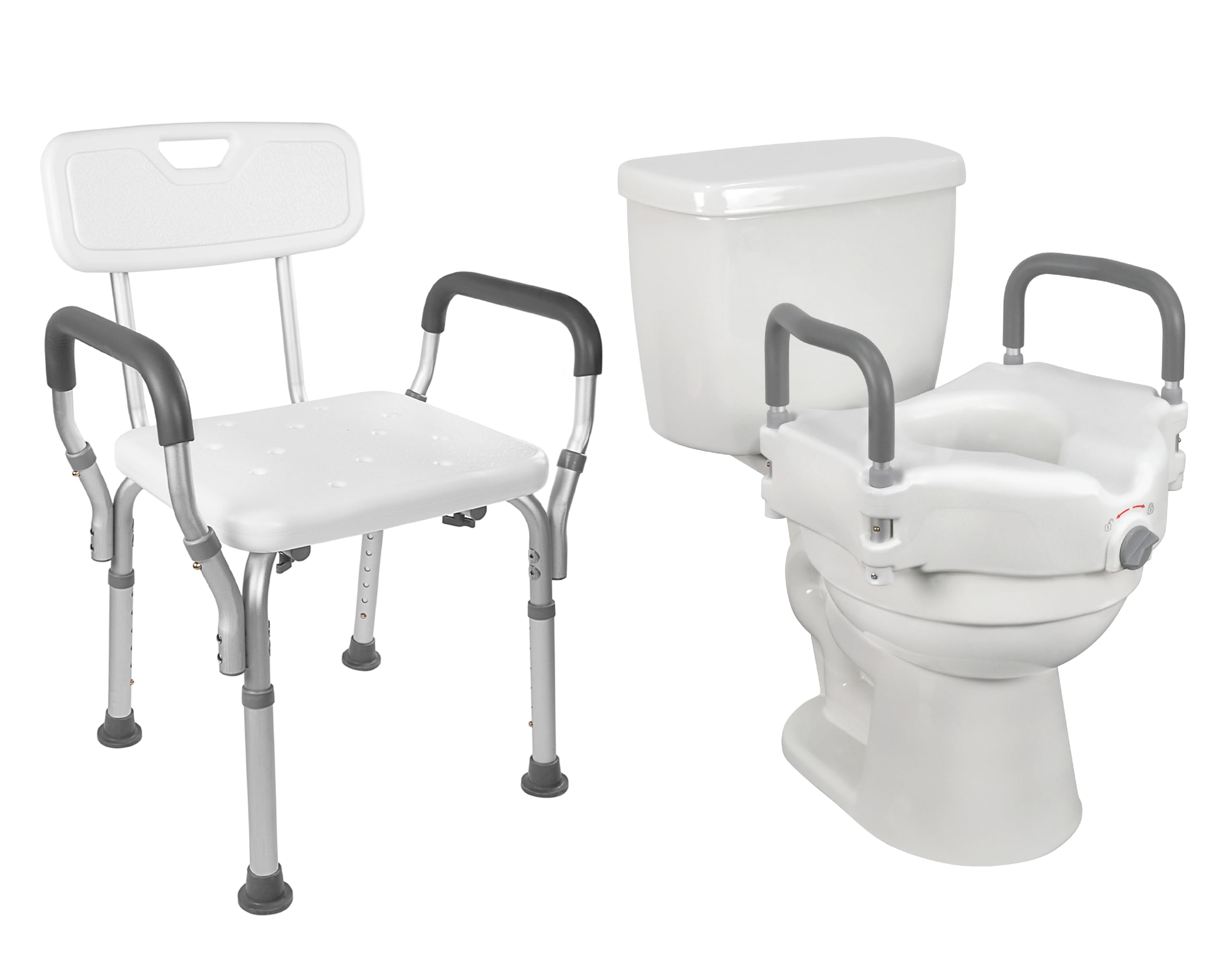 Vaunn Shower Chair Bath Seat with Padded Arms, Removable Back and Adjustable Legs and Vaunn Raised Toilet Seat and Elevated Commode Booster Seat Riser Bundle