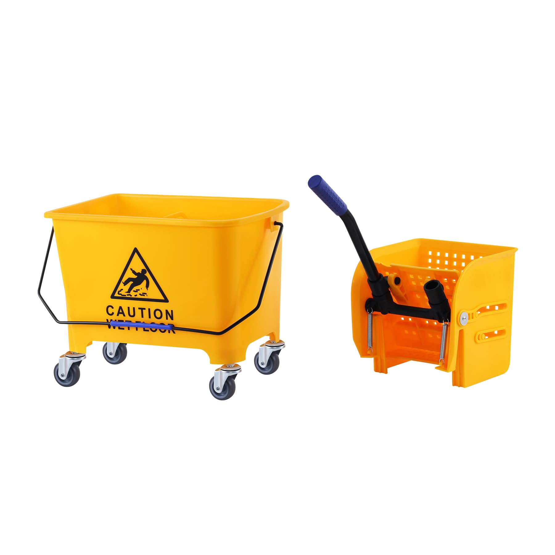 Samger Heavy Duty Mop Bucket with Wringer on Wheels, 5 Gallon Plastic Tandem Mopping Bucket, 21 Quart Portable Mop Bucket for Household Commercial Use Yellow