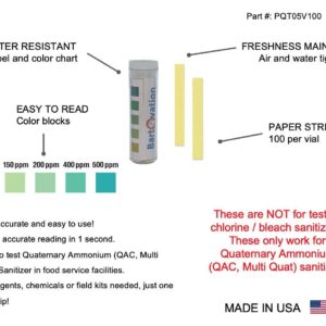 Five Pack Restaurant Quaternary Ammonium (QAC, Multi Quat) Sanitizer Test Paper, 0-500 ppm [5 Vials of 100 Paper Strips]