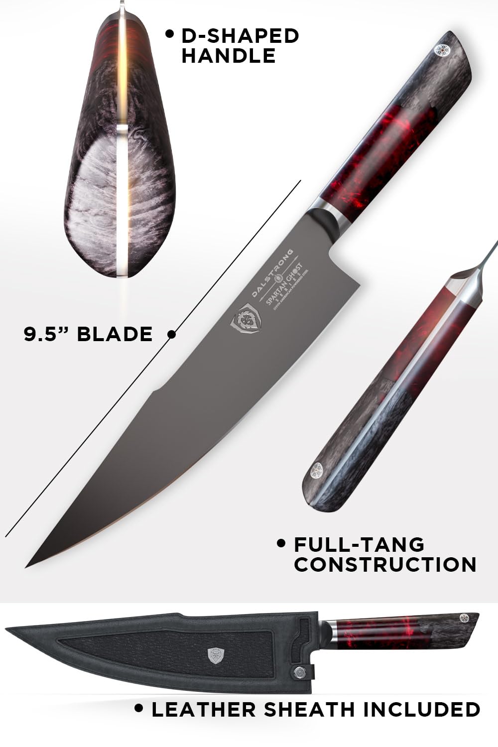 Dalstrong Chef Knife - 9.5 inch - Spartan Ghost Series - Premium American Forged S35VN Powdered Steel - Razor Sharp Kitchen Knife - Chef's Knife - Maple & Red Resin Handle - Sheath